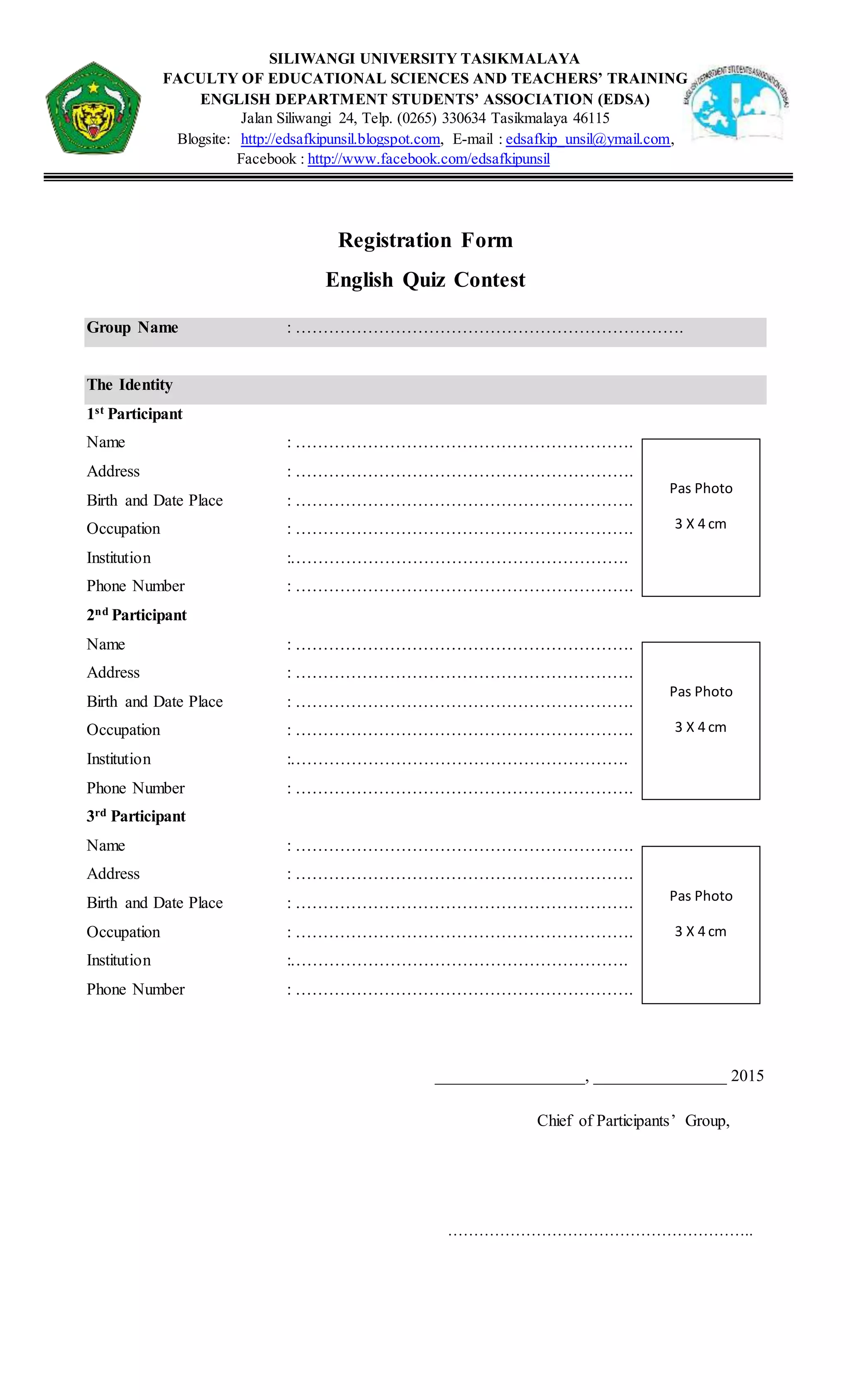 Registration form of quiz ECS 2015 | DOCX