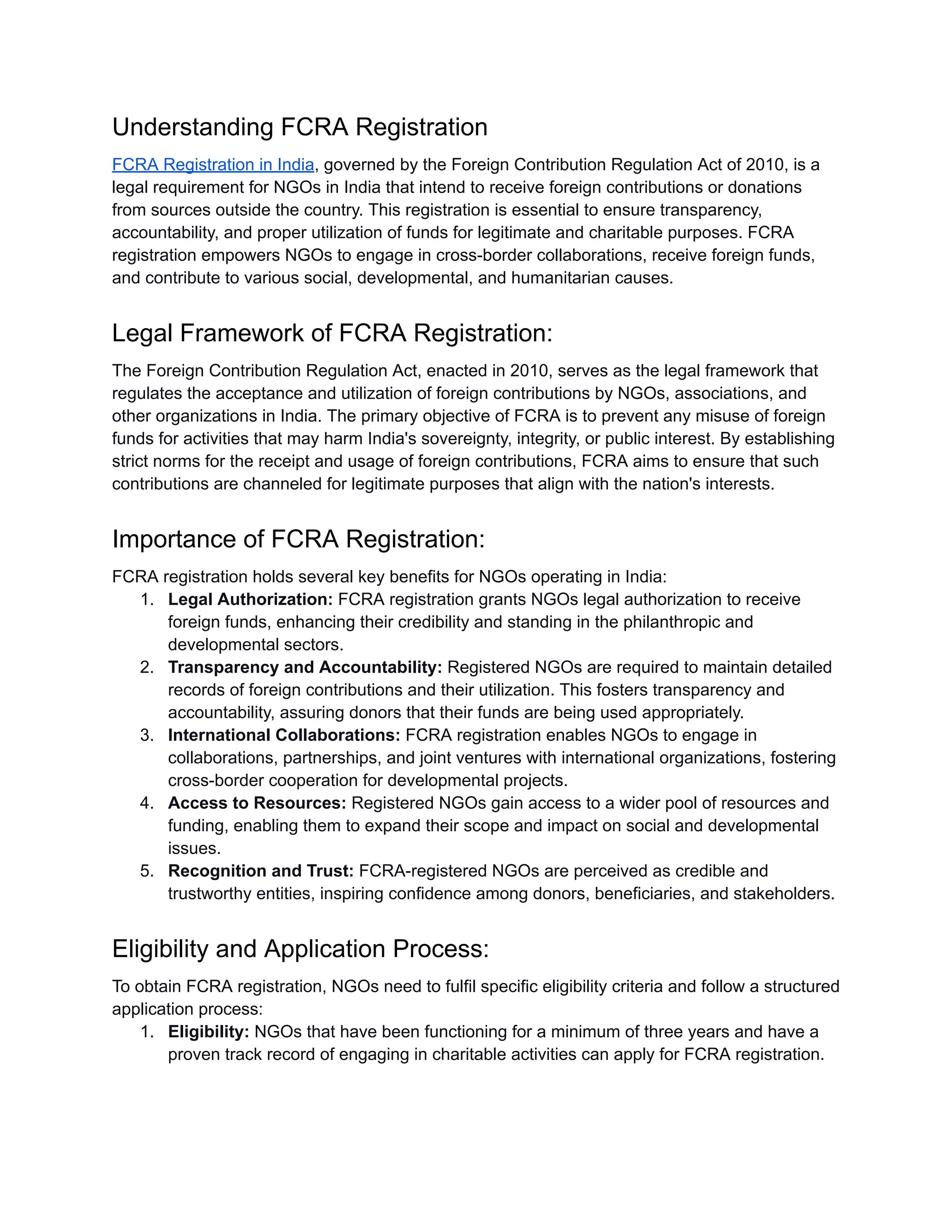 Registration of Indian NGOs under The FCRA Legal Framework and Implications | PDF