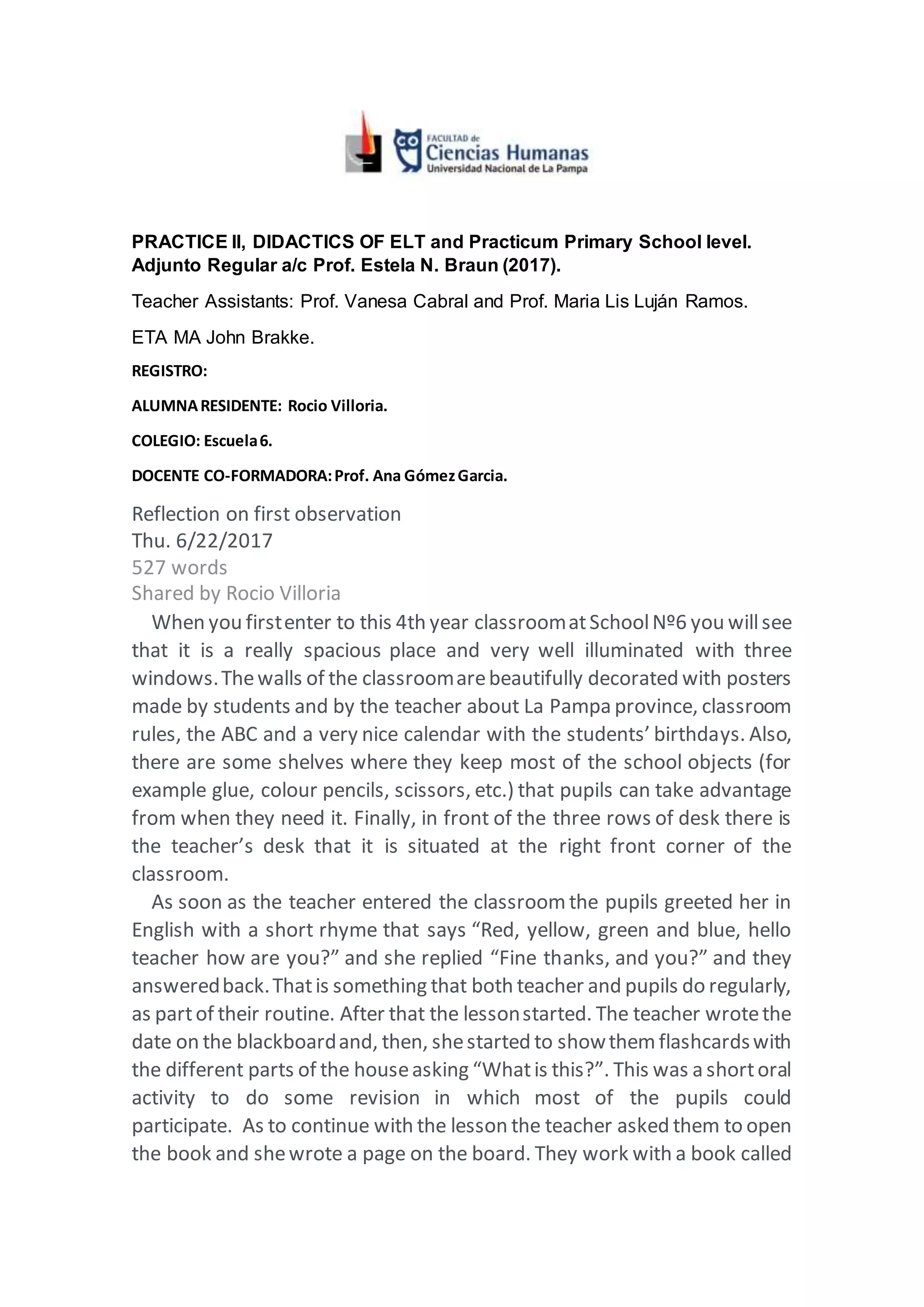 Reflection on first observation | DOCX | Homework and Study | Education