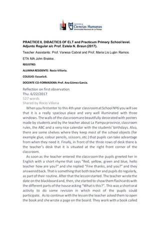 Reflection on first observation | DOCX | Homework and Study | Education