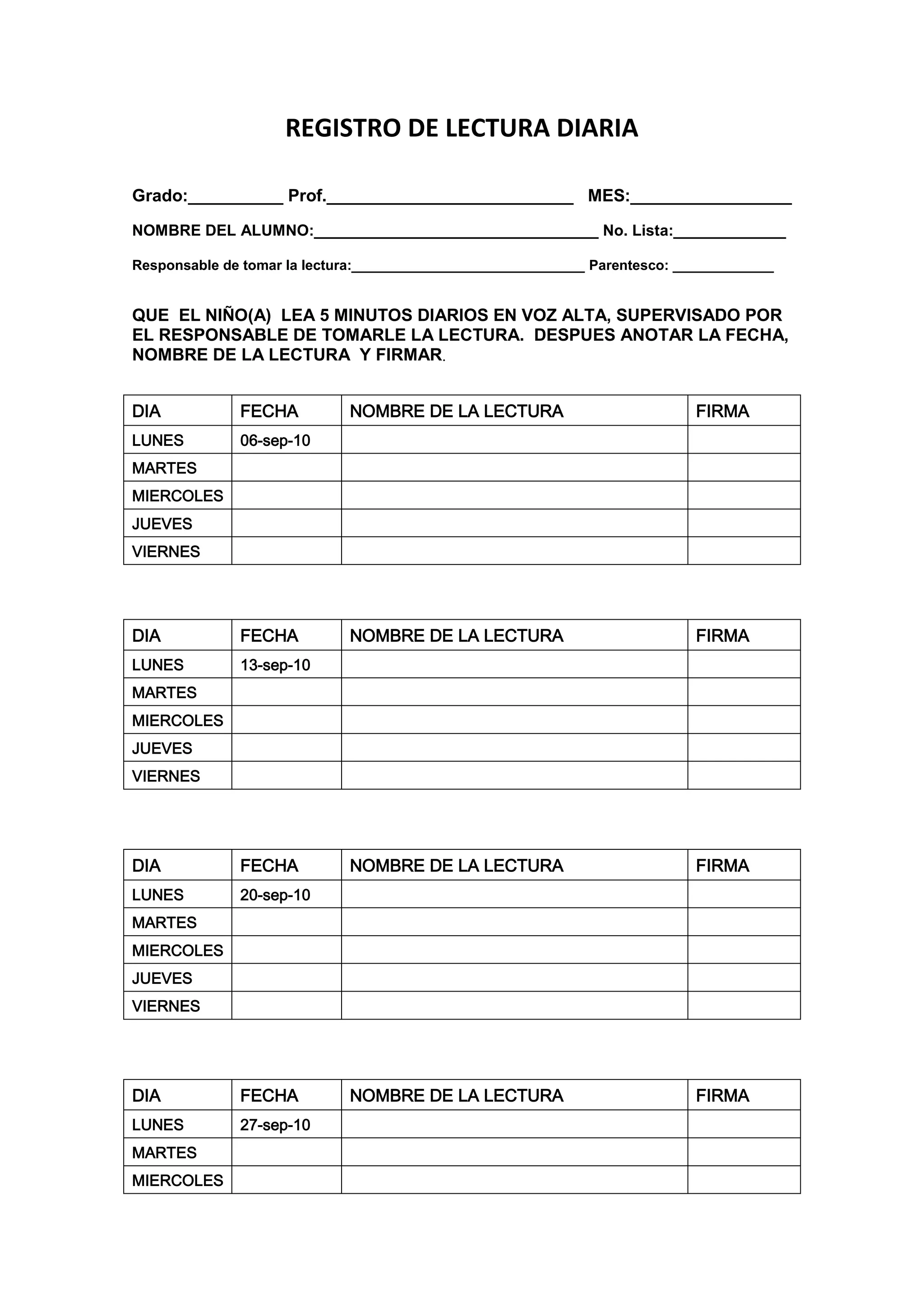 Registro de lectura diaria | DOCX