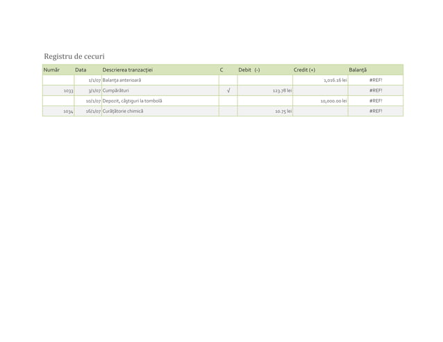 Registru de cecuri (check register) | XLSX