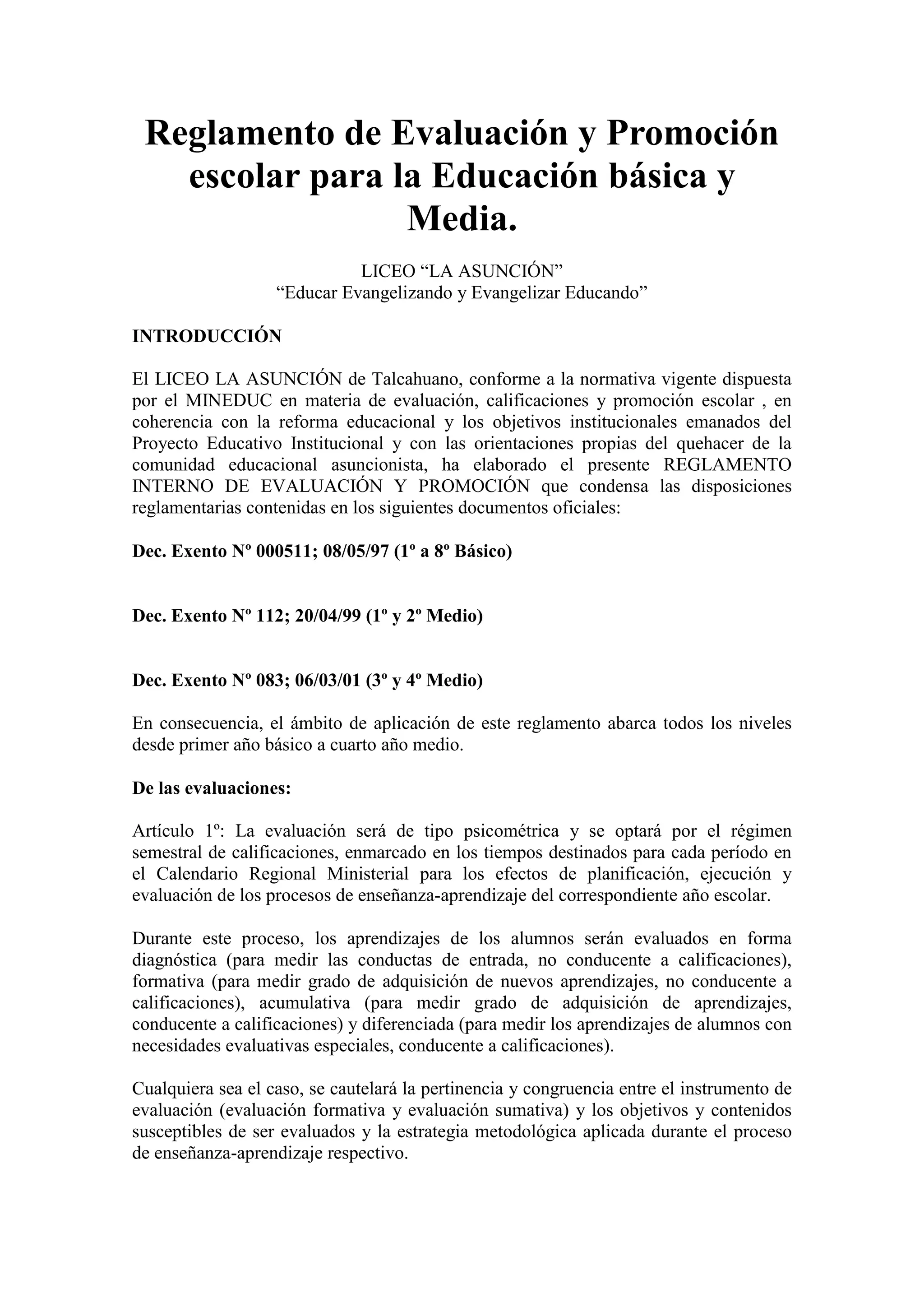 Reglamento de evaluación y promoción escolar para la educación básica y ...