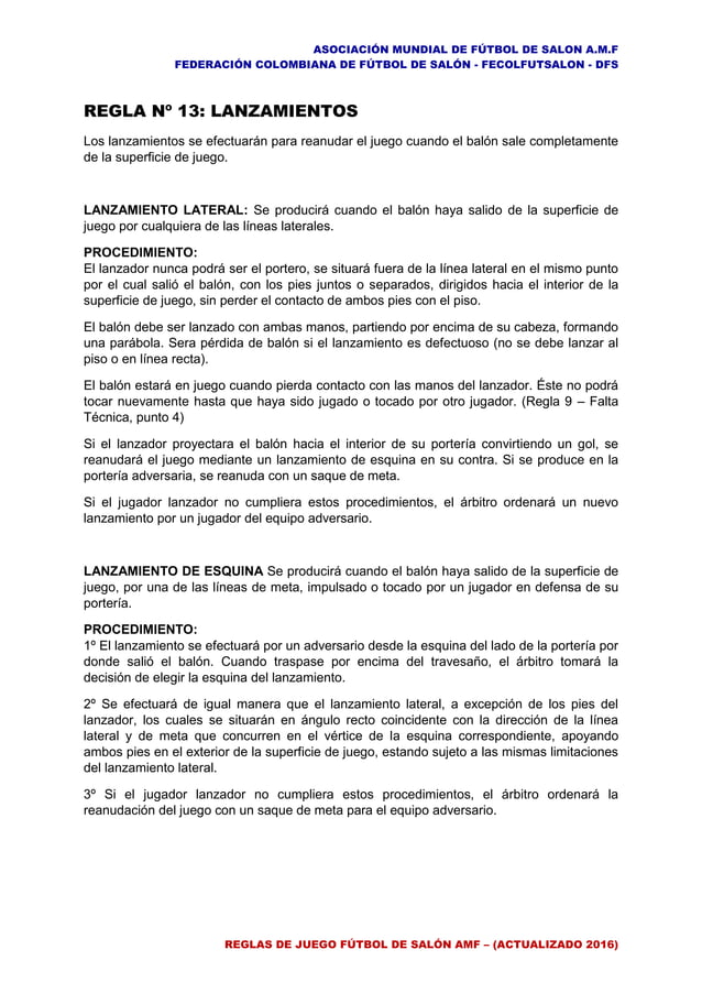 REGLAS DEL FUTBOL DE SALON PARA LA ENSEÑANZA | PDF