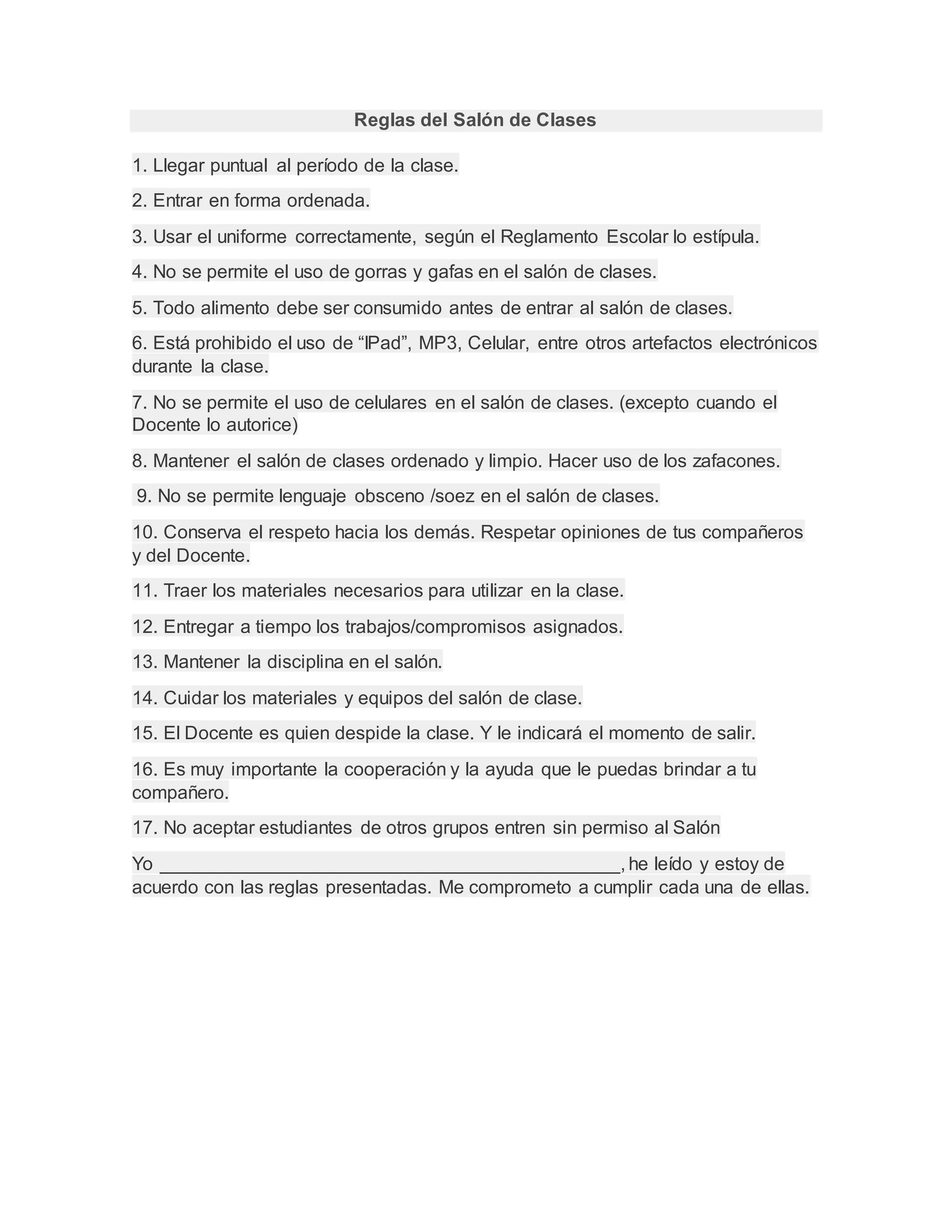 Reglas del salón de clases | PDF