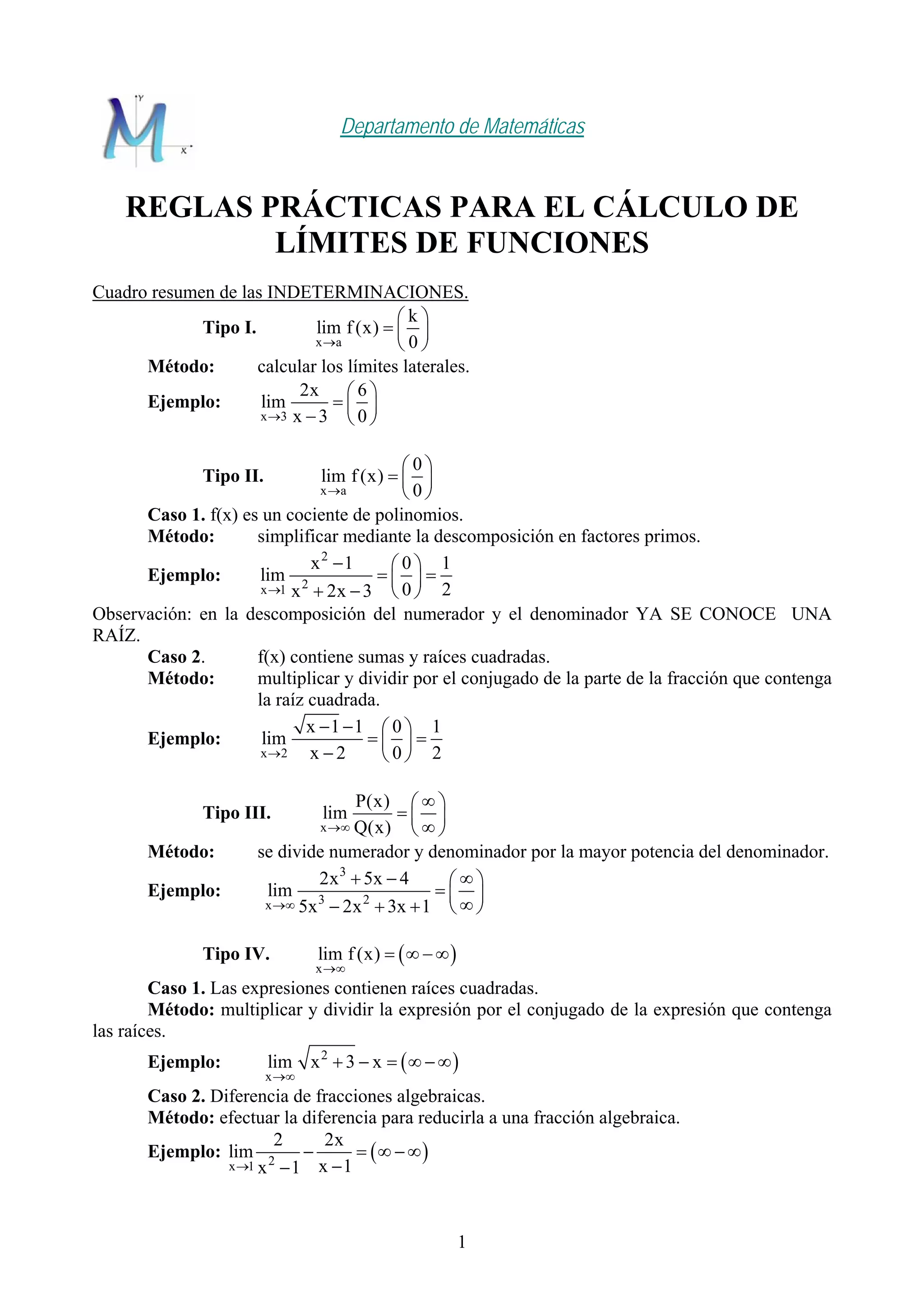 Reglas practicas para el calculo de limites de funciones | PDF