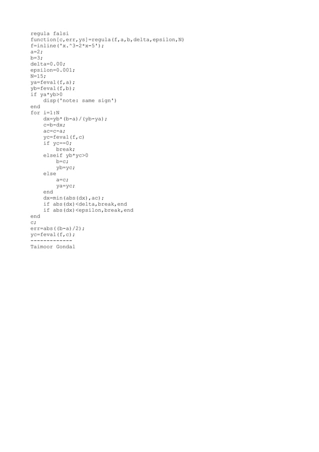 Regula Falsi Matlab Code Pdf