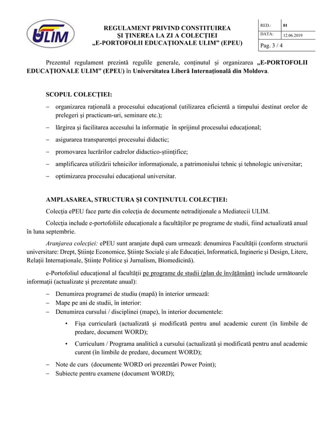 Rugulament privind constituirea și ținerea la zi a colecției "E ...