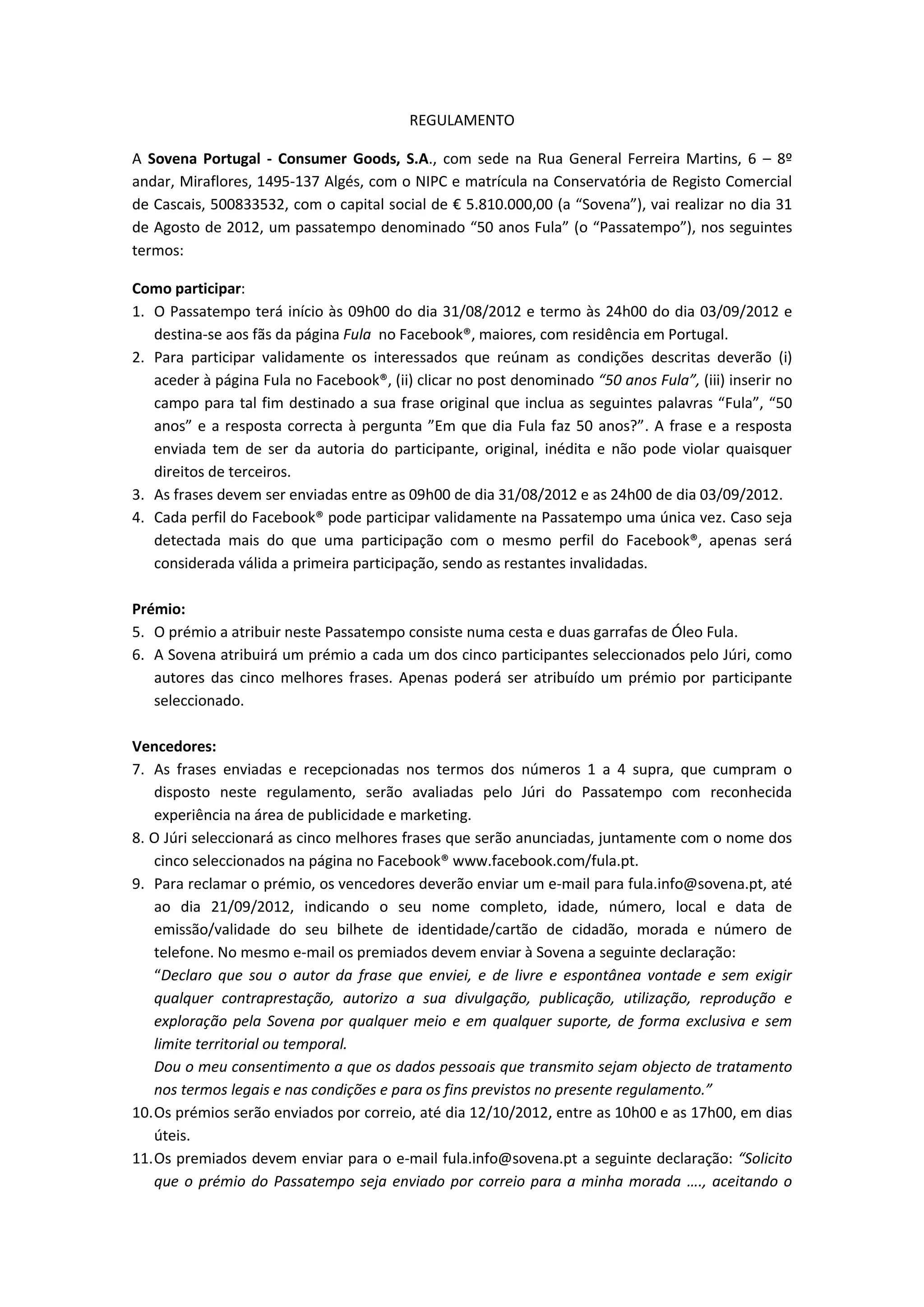 Regulamento Passatempo "50 anos Fula" | PDF