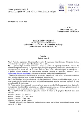 Regulament specific al olimpiadei lectura ca abilitate de viata pentru elevii din clasele a v a ...