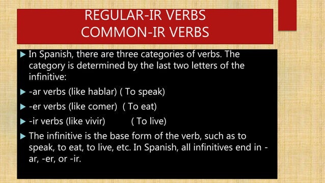 REGULAR-IR VERBS AND COMMON-IR VERBS IN SPANISH.pptx BY: SAUD K. KAMAD ...