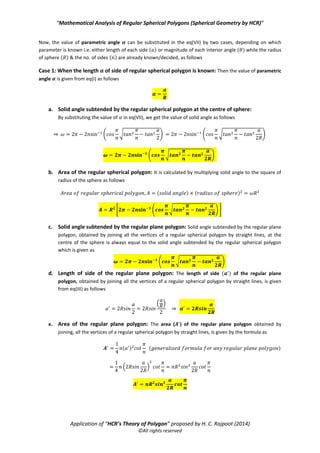 Mathematical Analysis of Regular Spherical Polygons (Application of HCR's Theory of Polygon ...