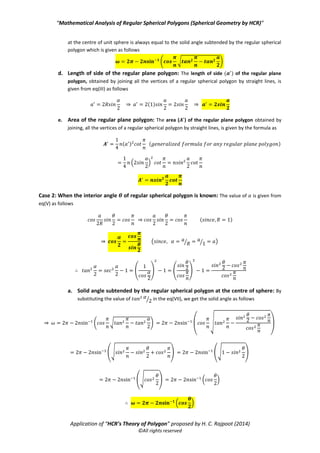 Mathematical Analysis of Regular Spherical Polygons (Application of HCR's Theory of Polygon ...