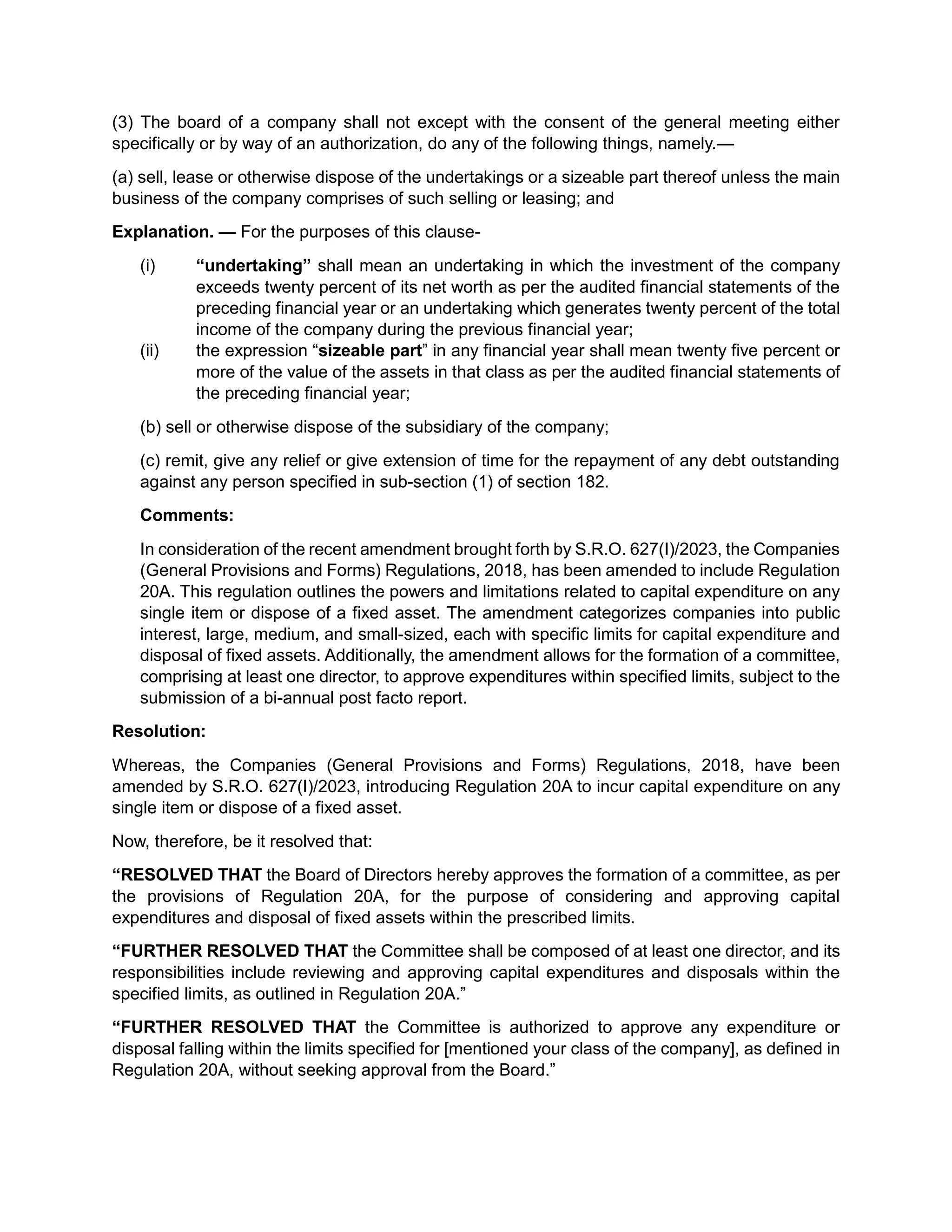 Regulation 20A; Capital expenditure on any single item or dispose of a ...