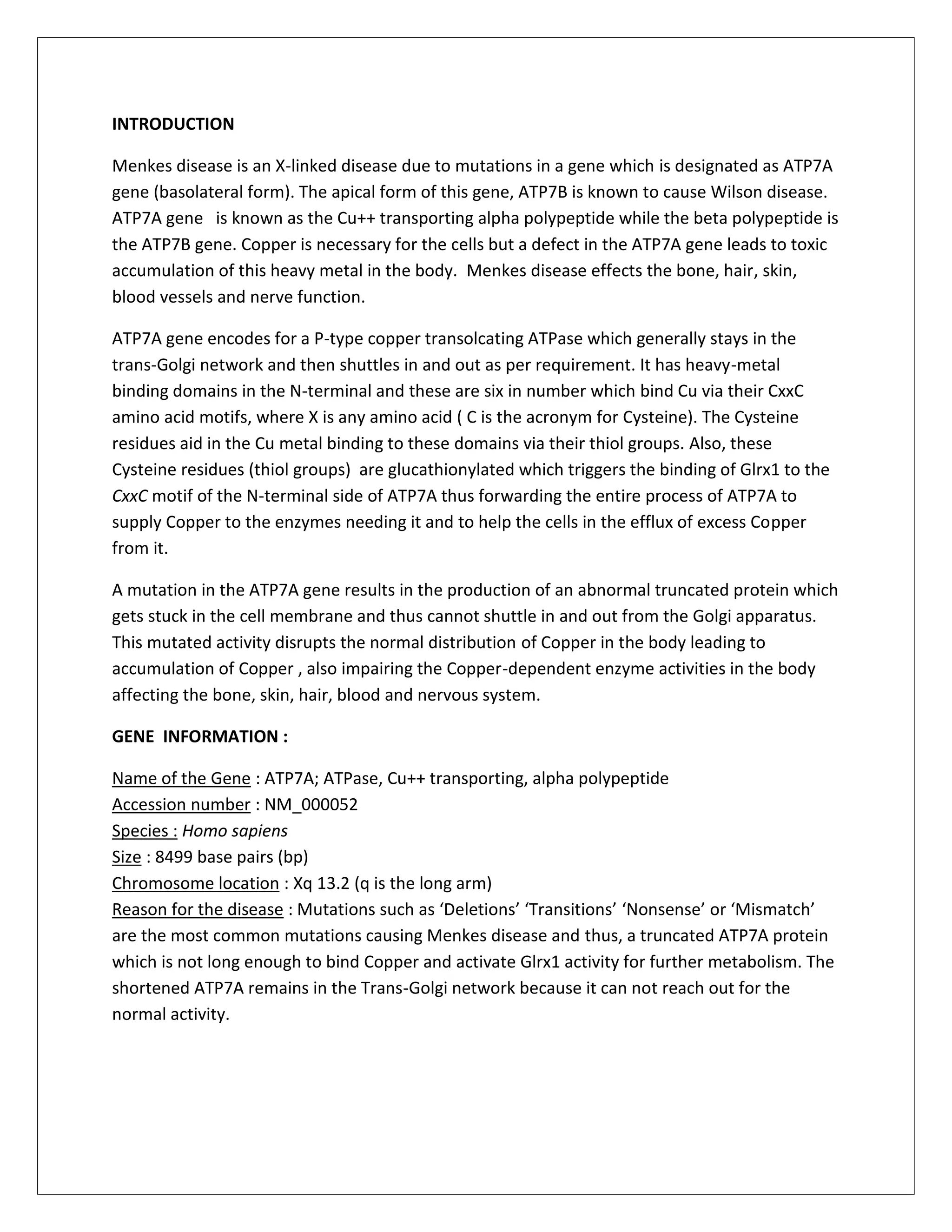 Regulation of atp7 a gene expression by the grx1 as an inducer in menkes disease | PDF