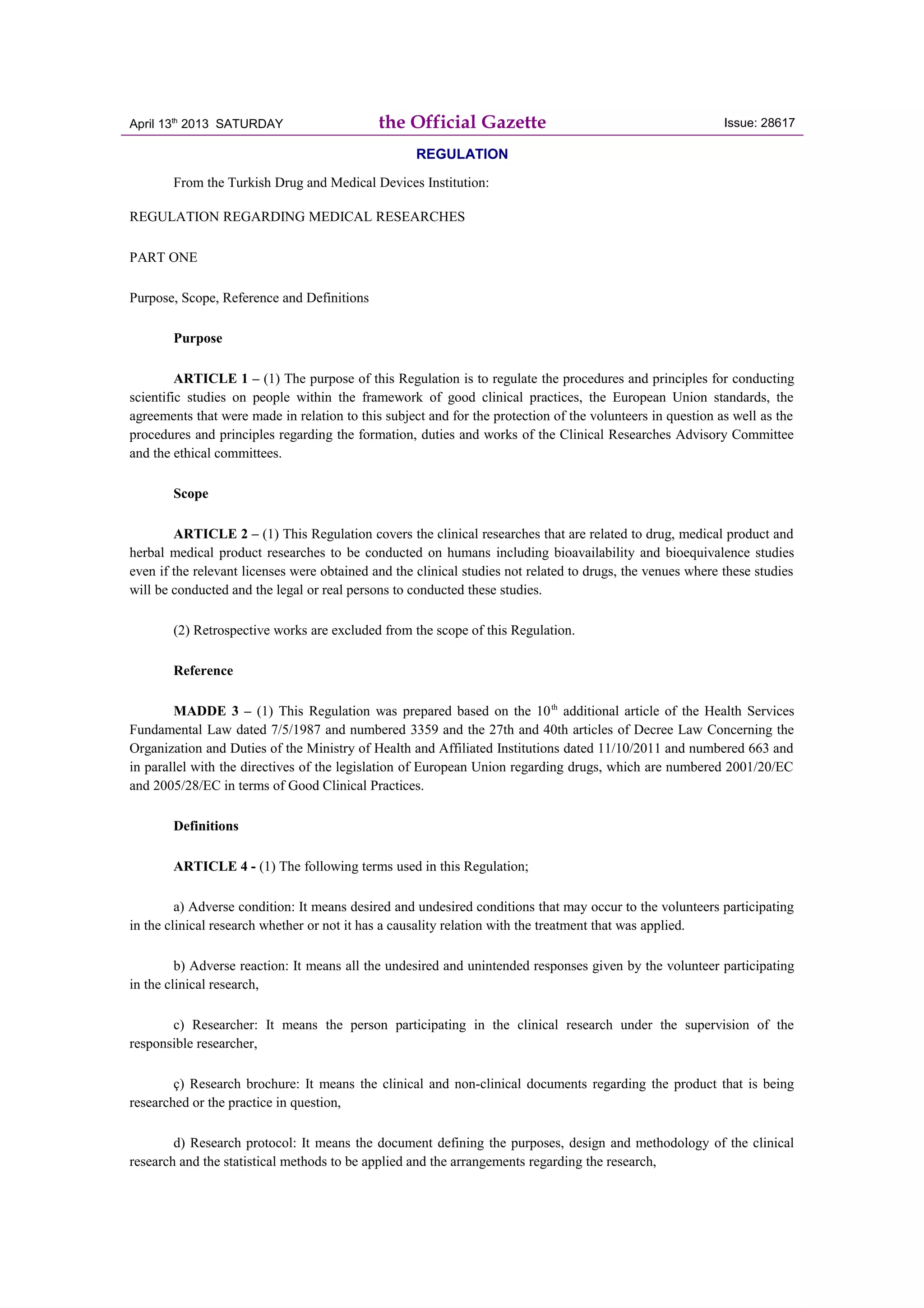 Regulation on clinical trials turkey | DOC