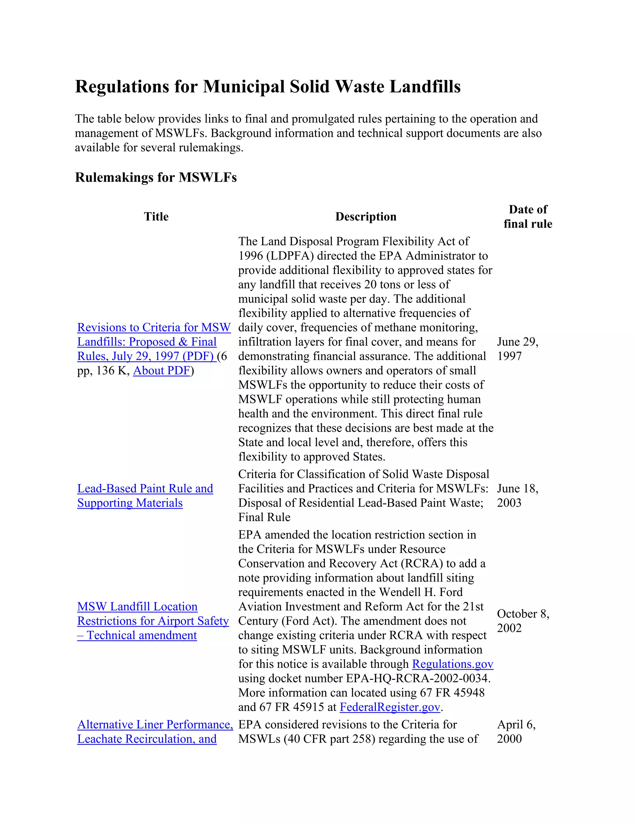Regulations for municipal solid waste landfills | PDF