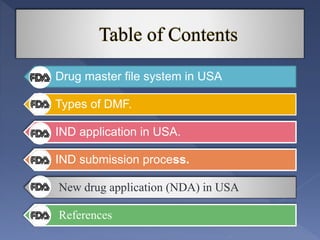 Regulatory approval and system of drug master file ,IND and NDA in USA | PPT