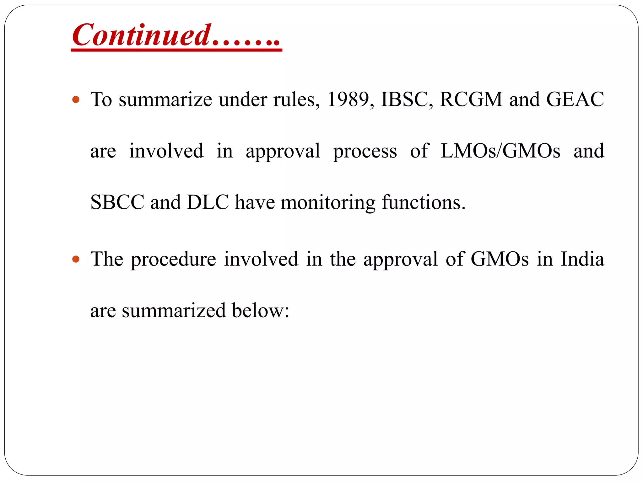 Regulatory frameworks for gmo,s in india | PPTX