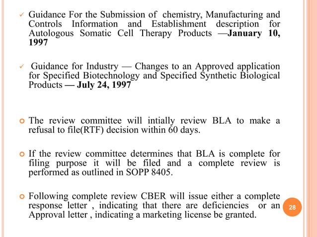 Regulatory guidance and guidelines for filing and approval for ...