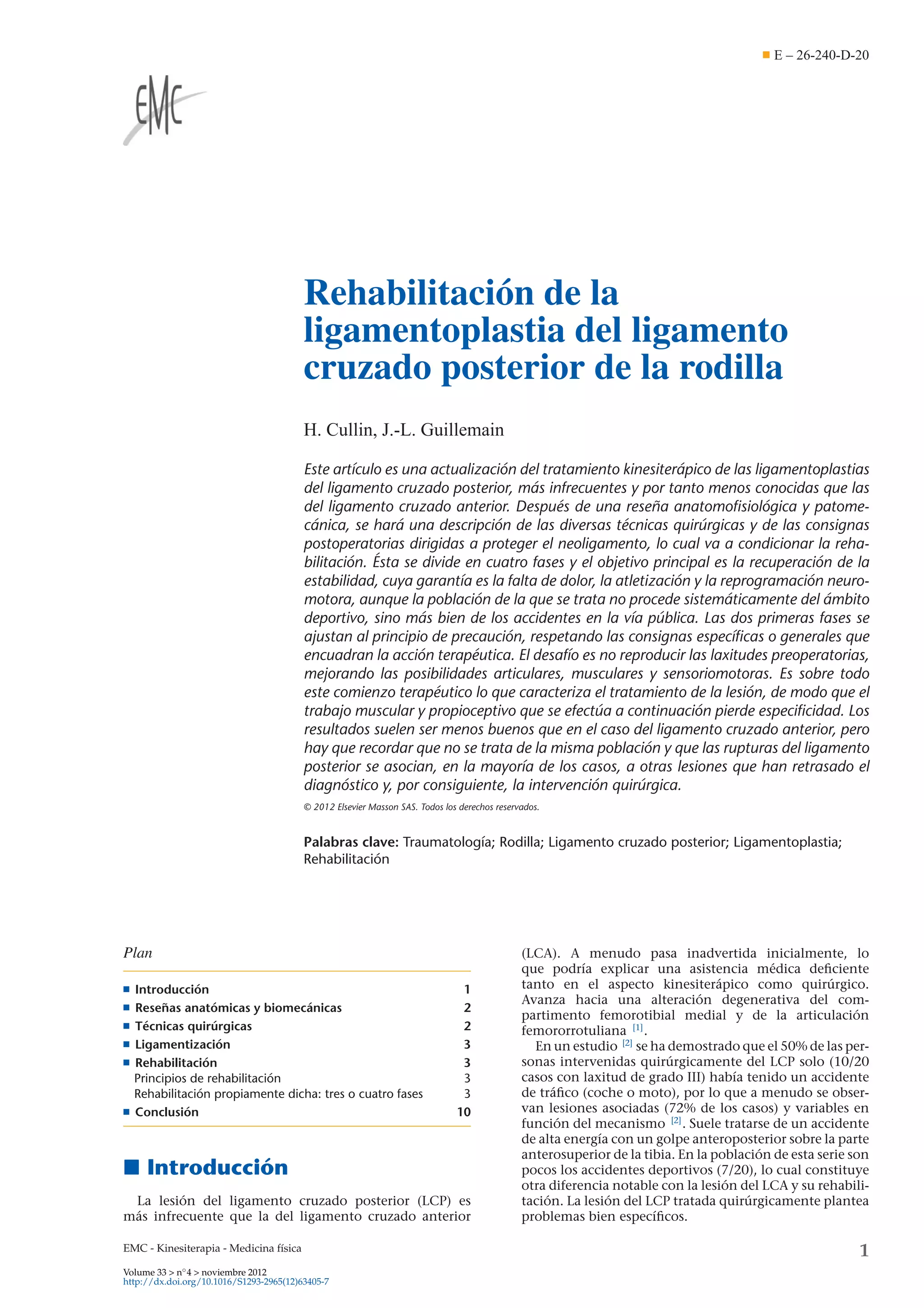 Rehabilitación de la ligamentoplastia del lcp de rodilla | PDF