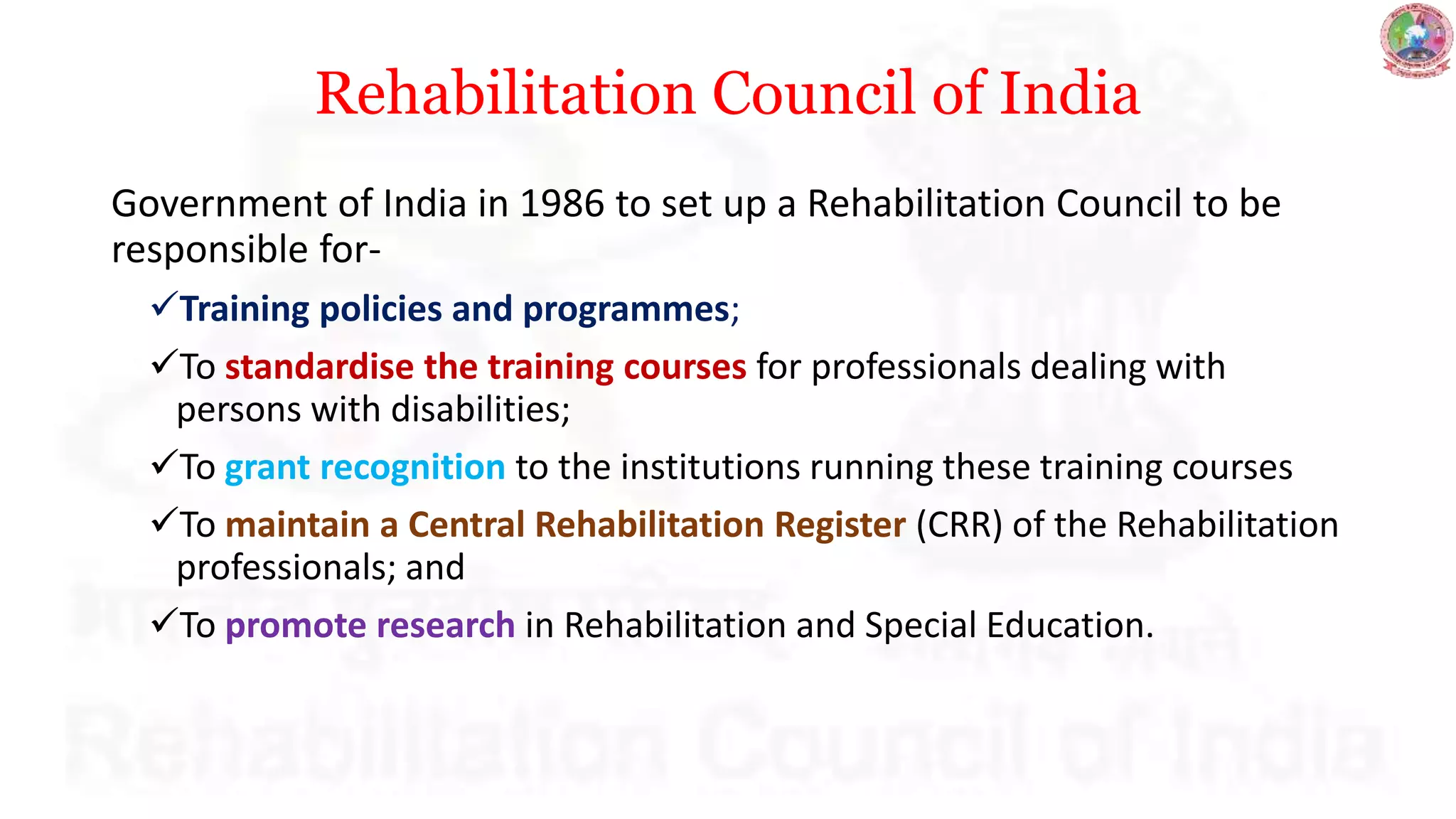 Rehabilitation council of India act,1992 | PPTX