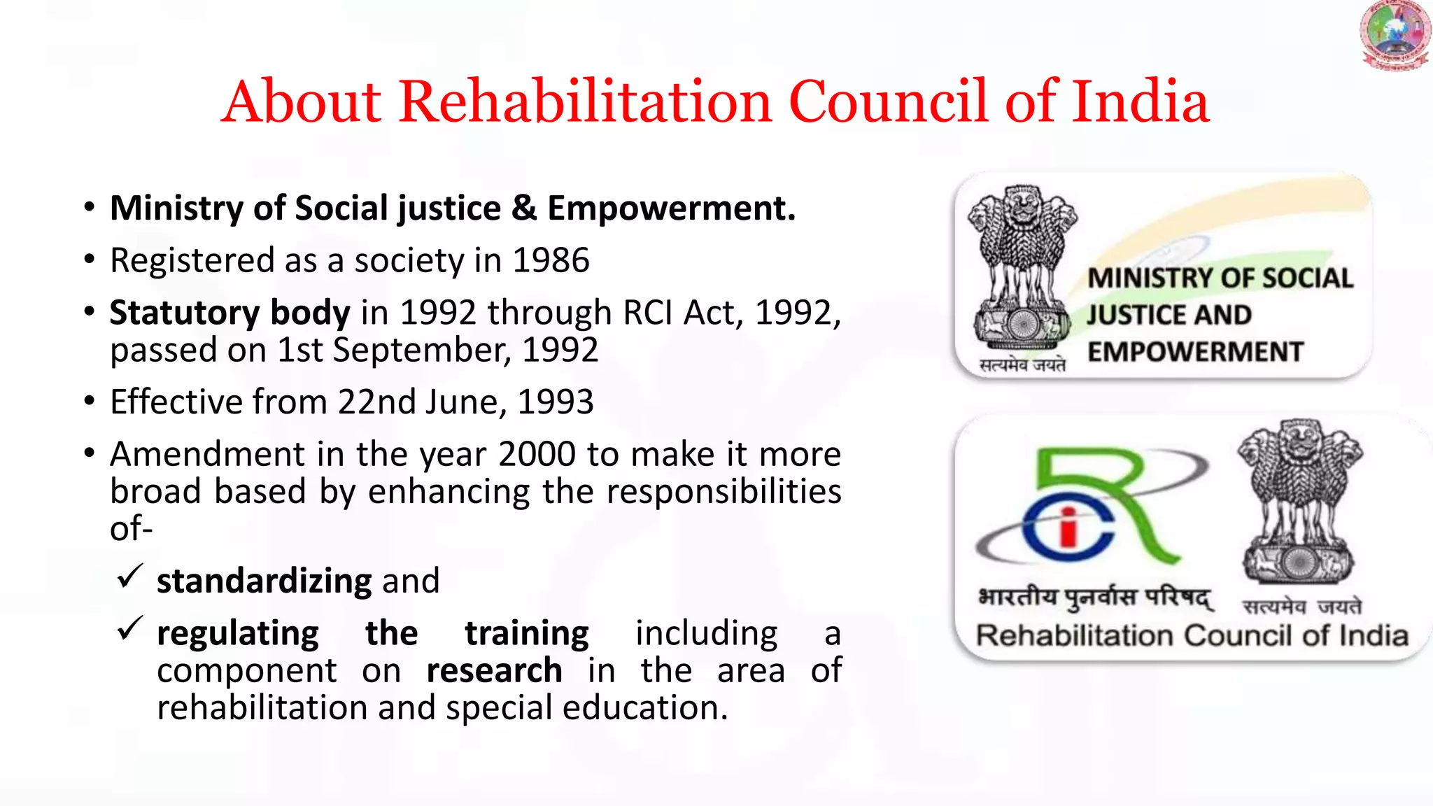 Rehabilitation council of India act,1992 | PPTX