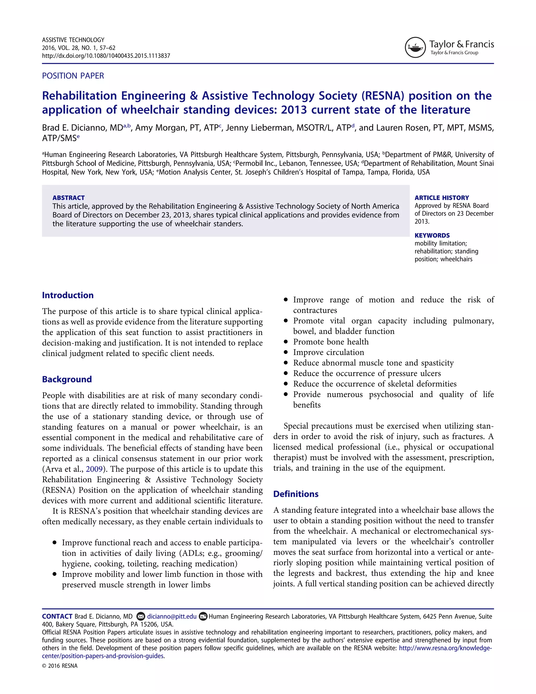 RESNA: application of wheelchair standing devices 2013 | PDF