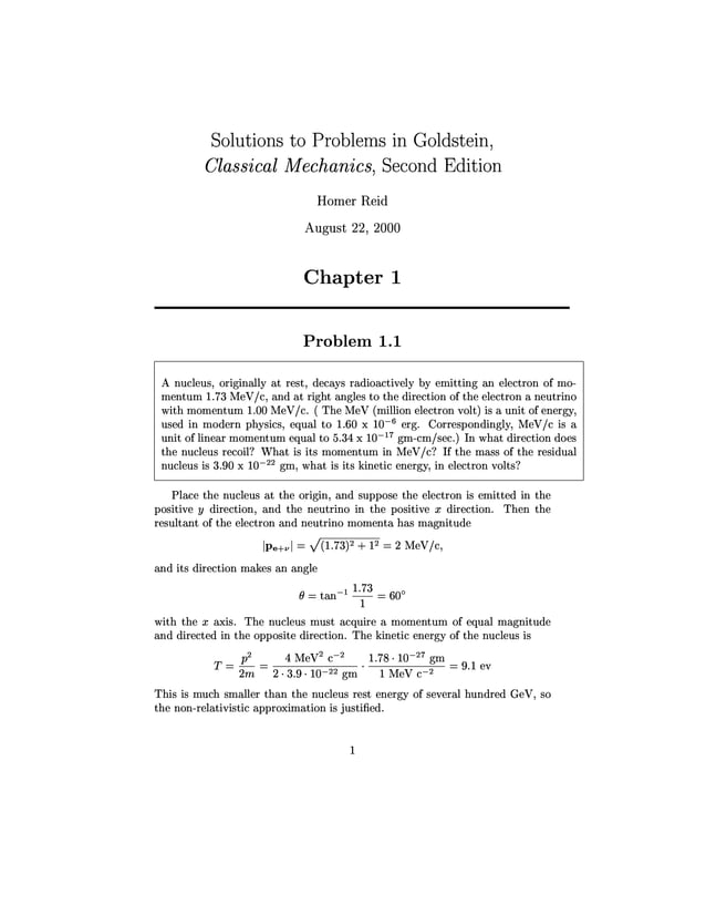 Reid Goldstein classical mechanics solution | PDF