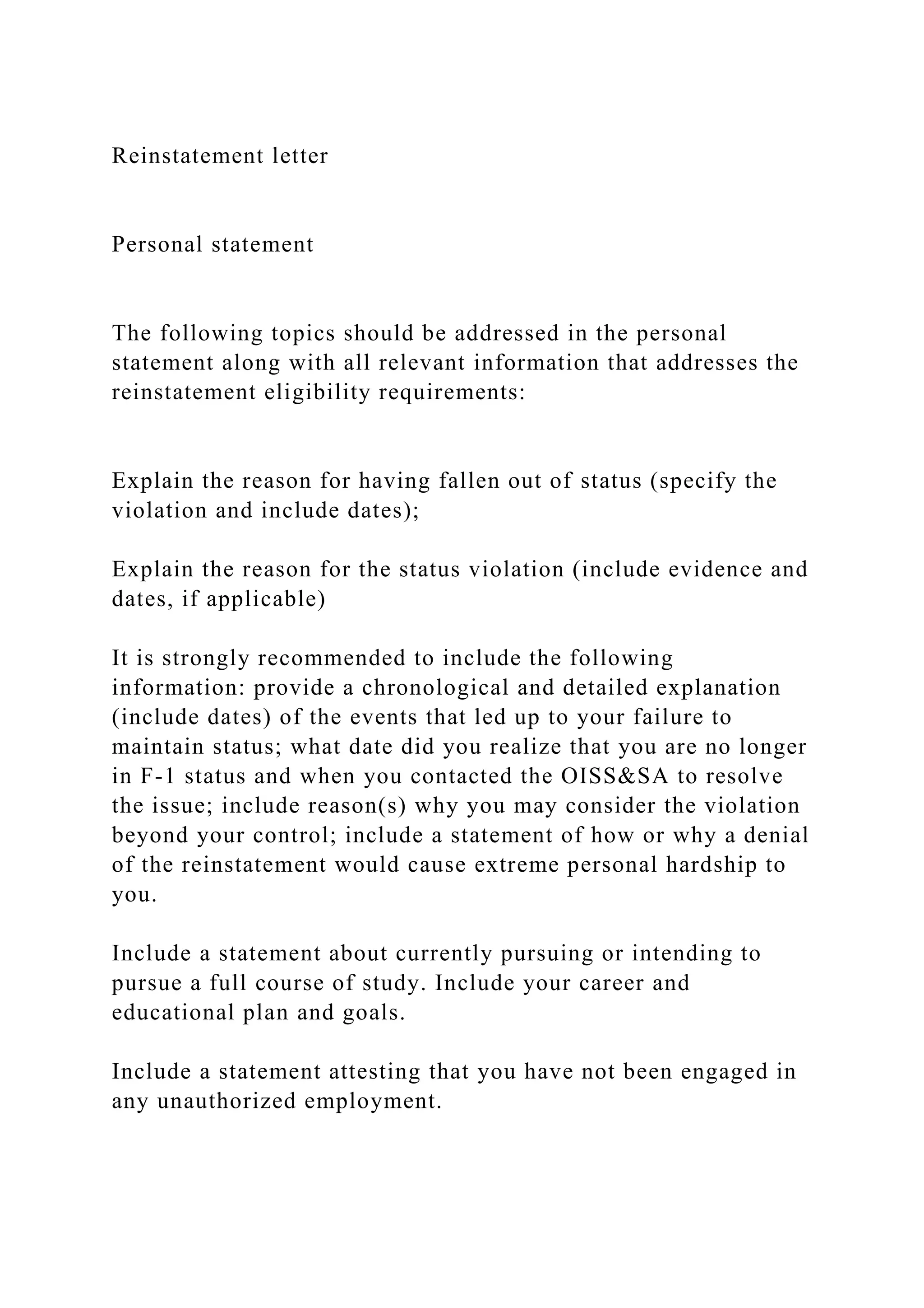 Reinstatement letterPersonal statementThe following topi | DOCX ...