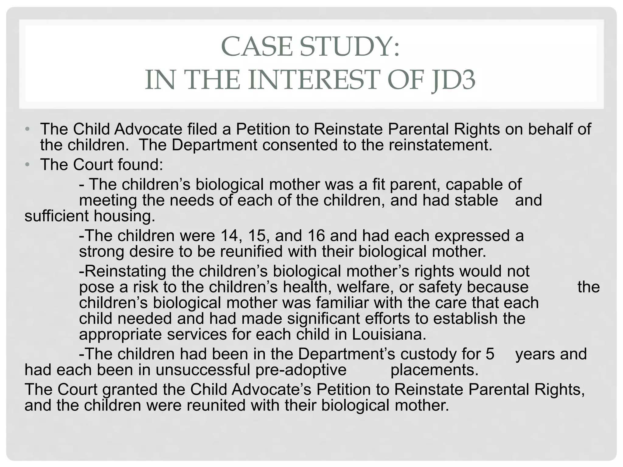 Reinstatement of Parental Rights as a Viable Permanency Option | PPT