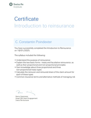 Reinsurance Fundamentals (Swiss Re instruction) | PDF
