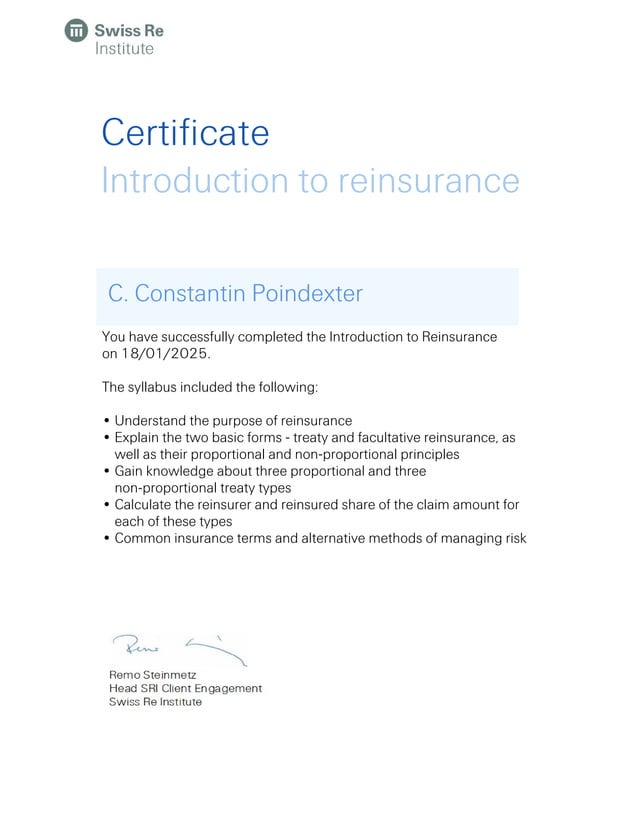 Reinsurance Fundamentals (Swiss Re instruction) | PDF