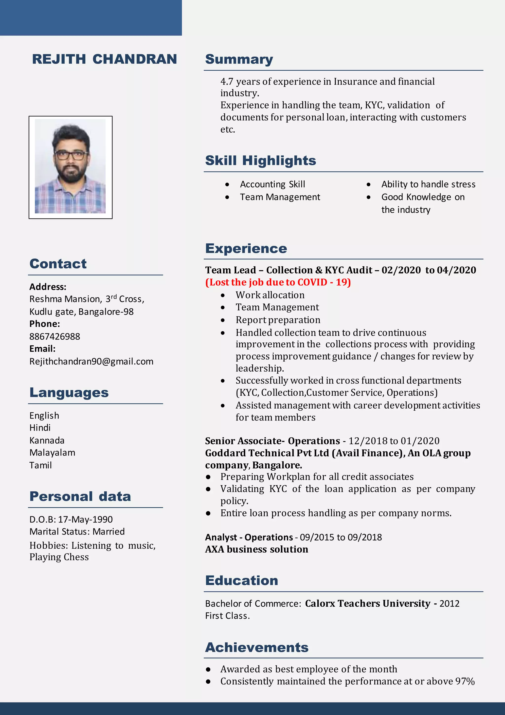 Resume : Rejith Chandran | DOCX