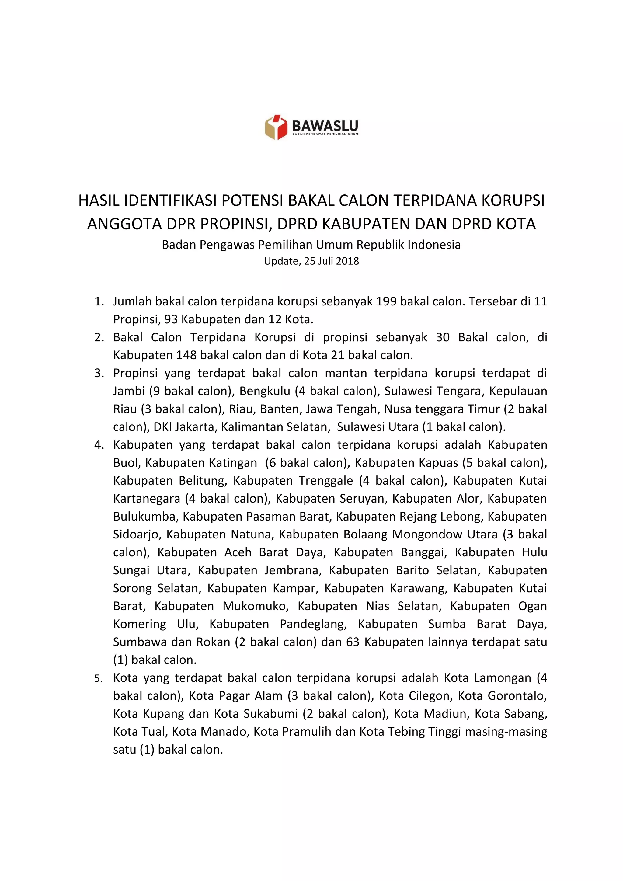 Data Bawaslu Terkait Bacaleg Eks Napi Korupsi | PDF