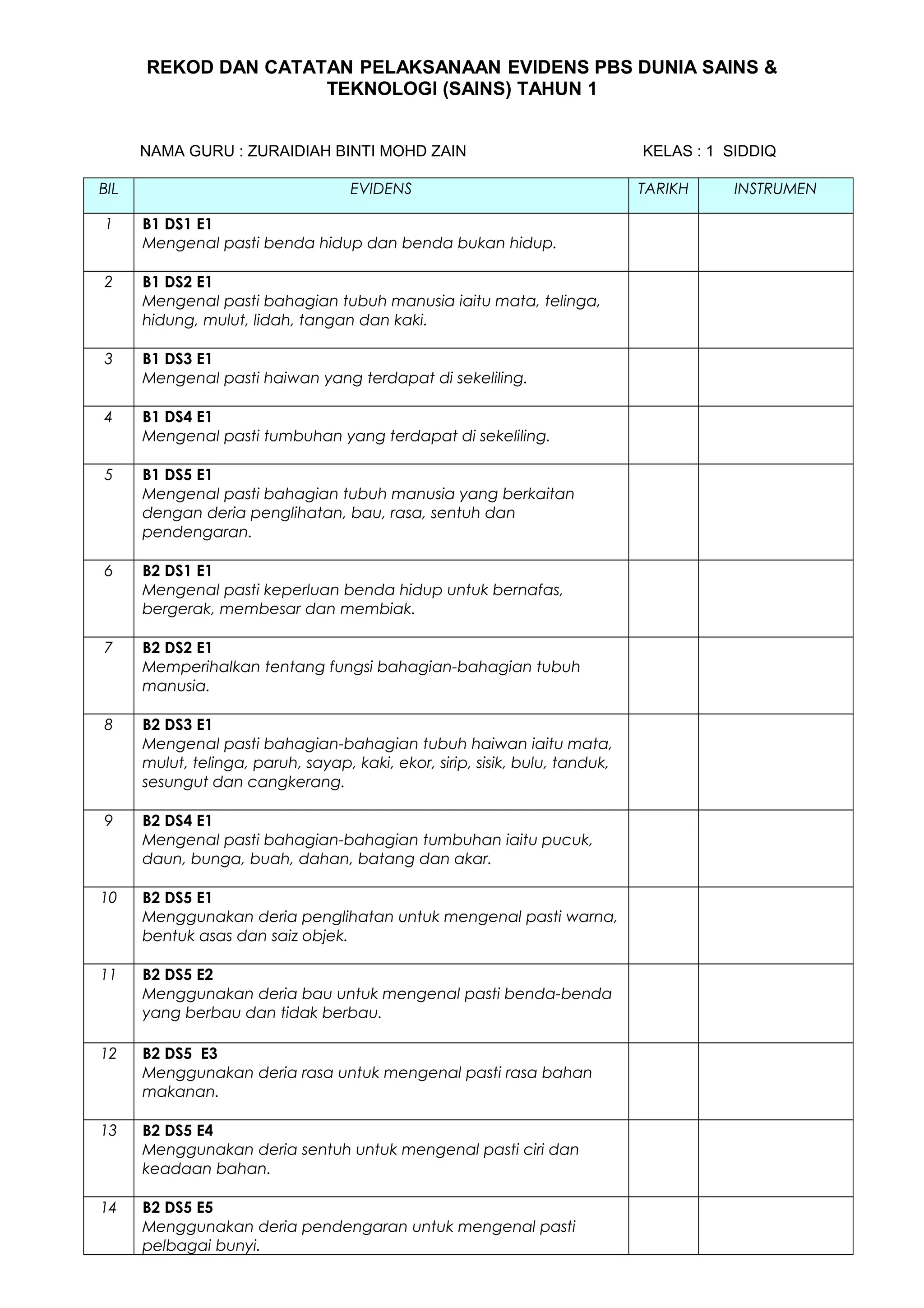 Rekod & catatan pelaksanaan evidens dst thn 1 | PDF