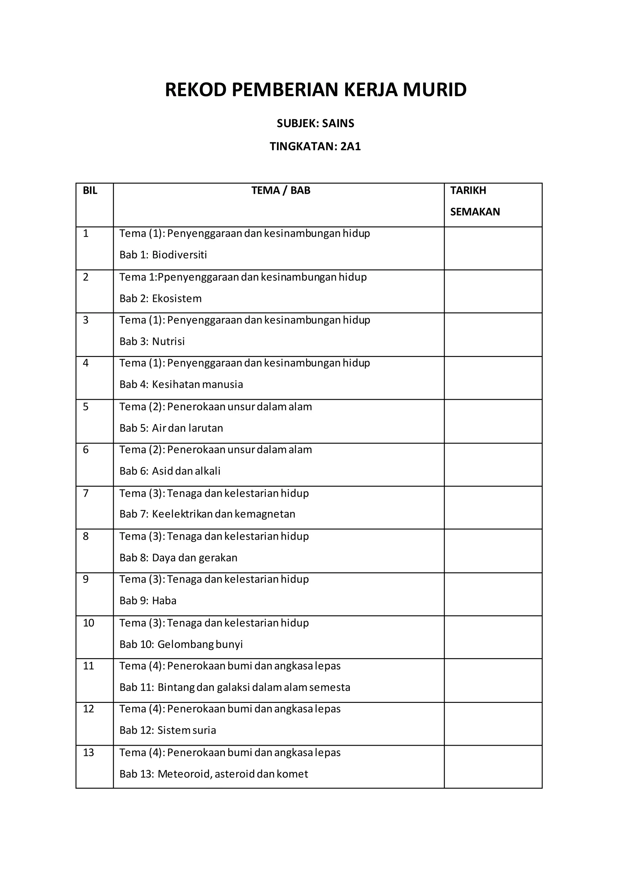 Rekod pemberian kerja murid | DOCX