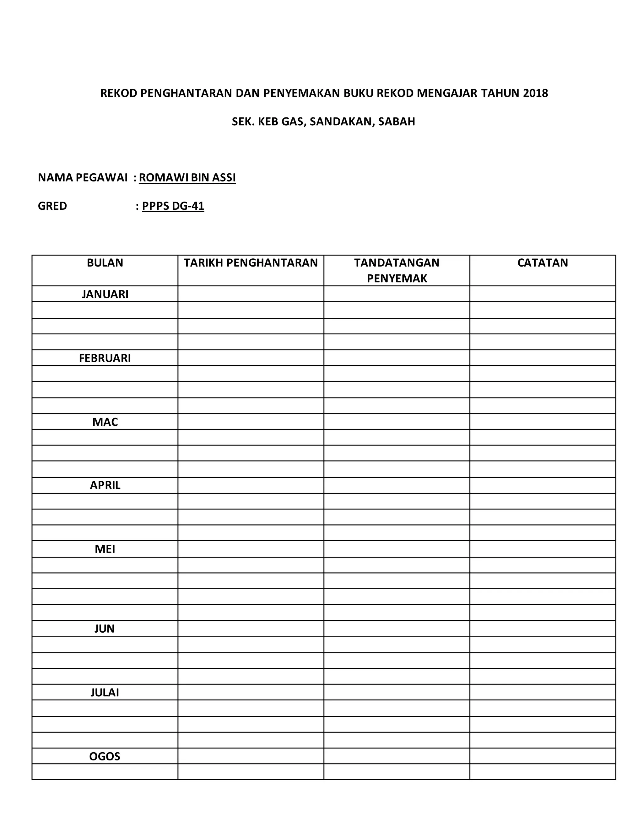 Rekod penghantaran dan penyemakan buku rekod mengajar | DOCX