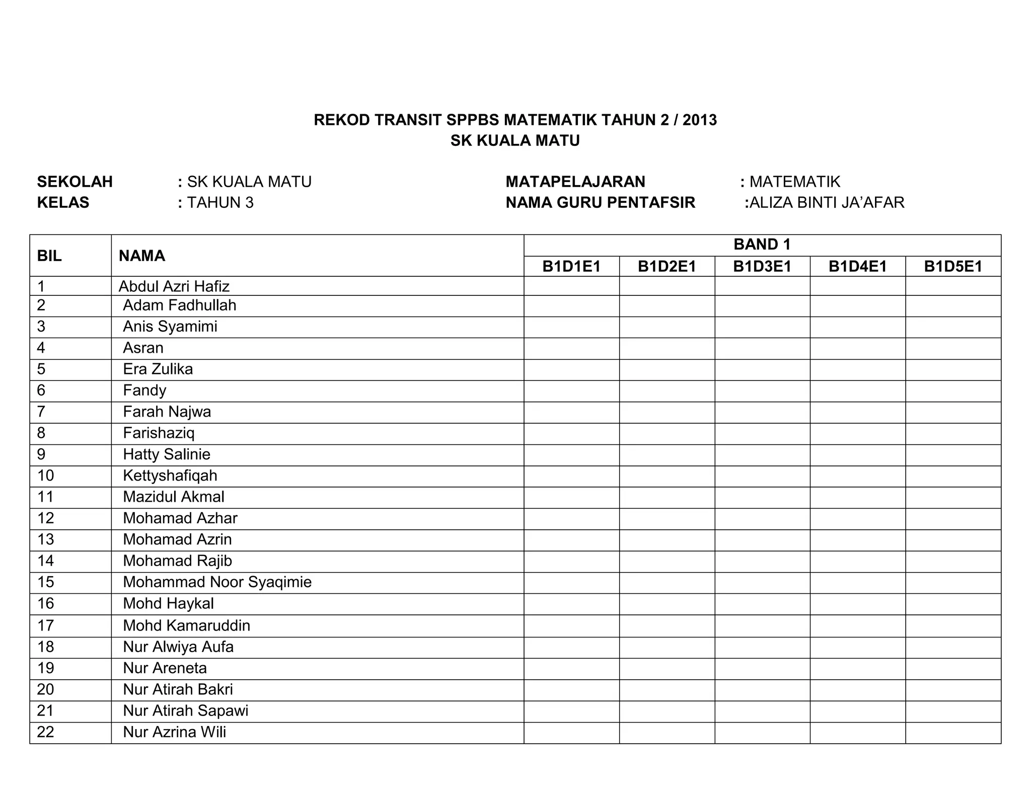 Rekod transit sppbs matematik tahun 2 | DOCX