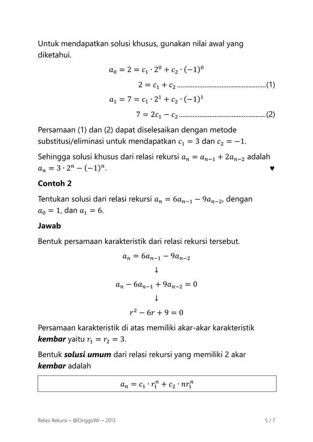 Relasi rekursi (2) : Menentukan solusi relasi Rekursi Linier Homogen ...