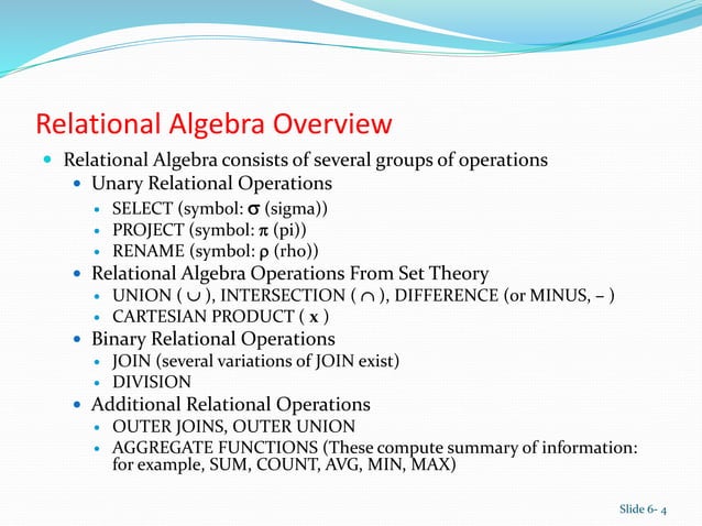 Relational Algebra.pptx for Module four | PPTX | Databases | Computer Software and Applications