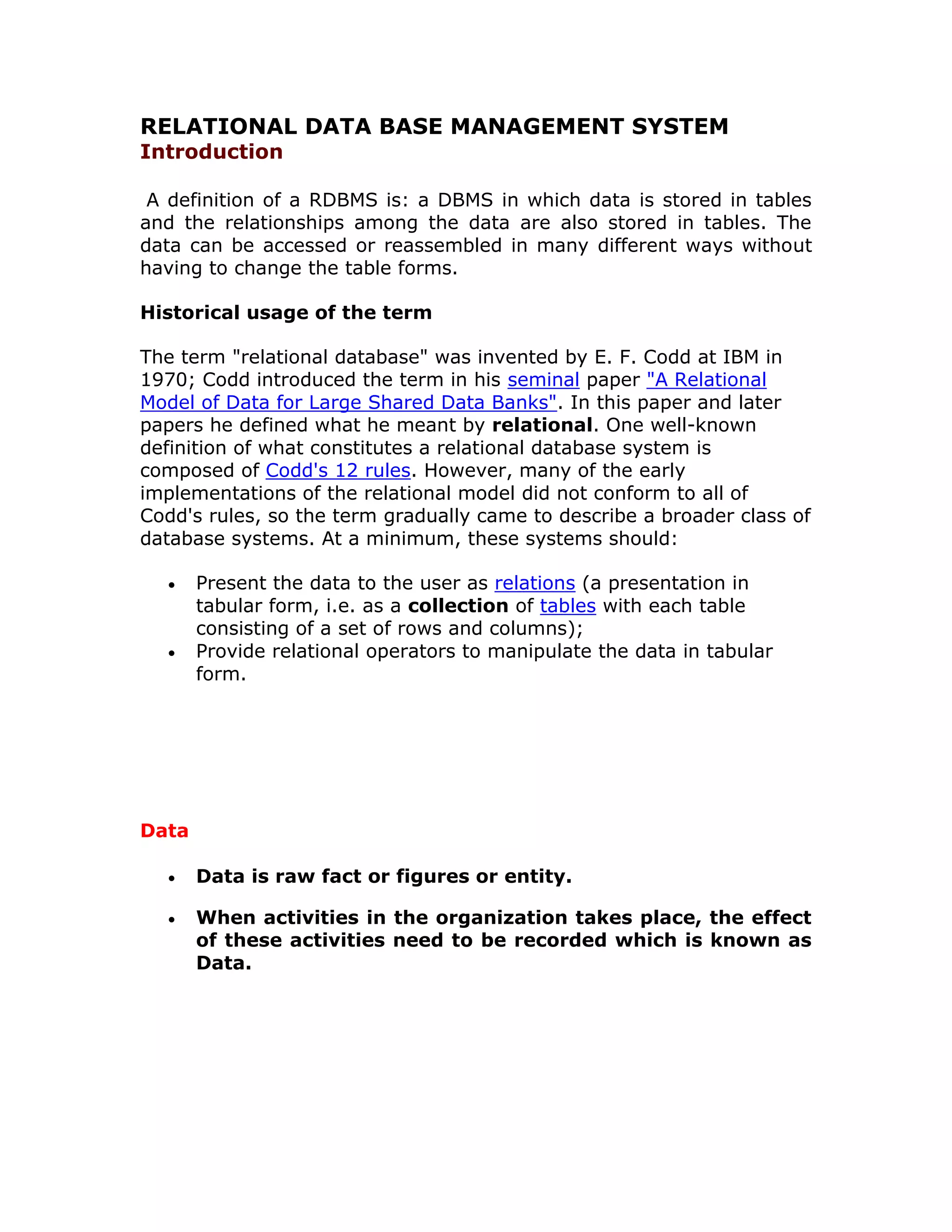 Relational data base management system (Unit 1) | PDF | Databases | Computer Software and ...
