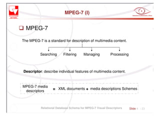 Relational Database Schema for MPEG 7 Visual Descriptors by Florian | PPT