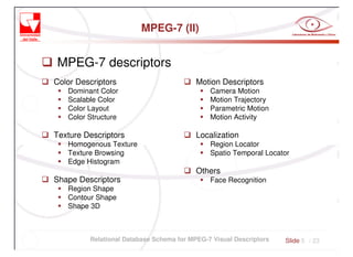 Relational Database Schema for MPEG 7 Visual Descriptors by Florian | PPT