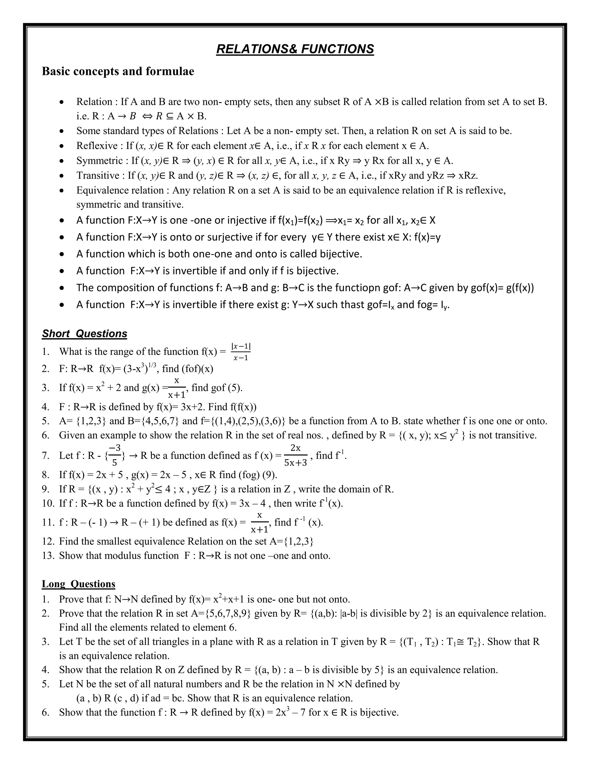 Relations and functions assignment (2019 20) | PDF