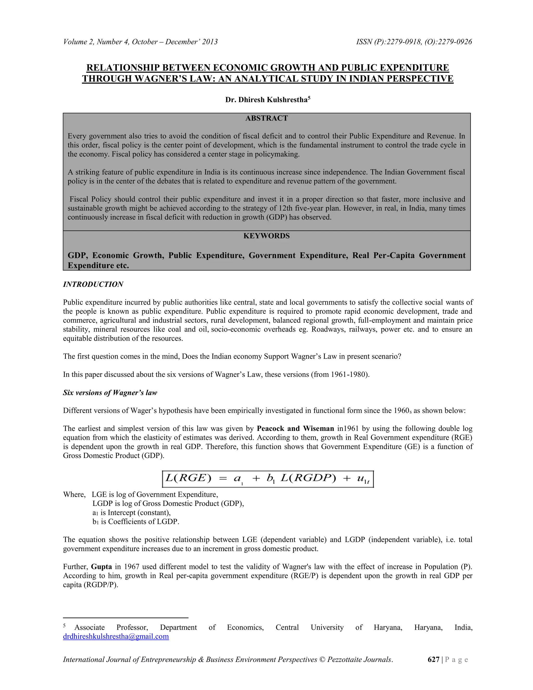 Relationship between economic growth and public expenditure | PDF