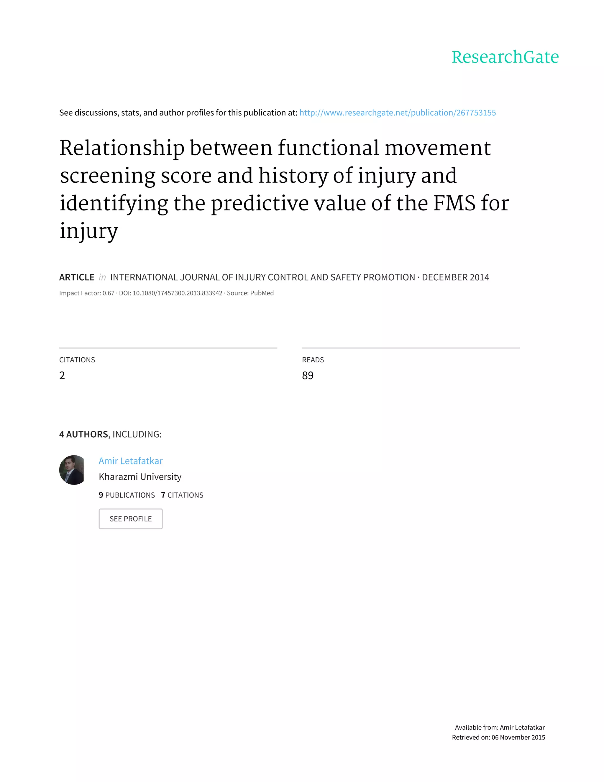 Relationship between functional movement screening score and history of ...