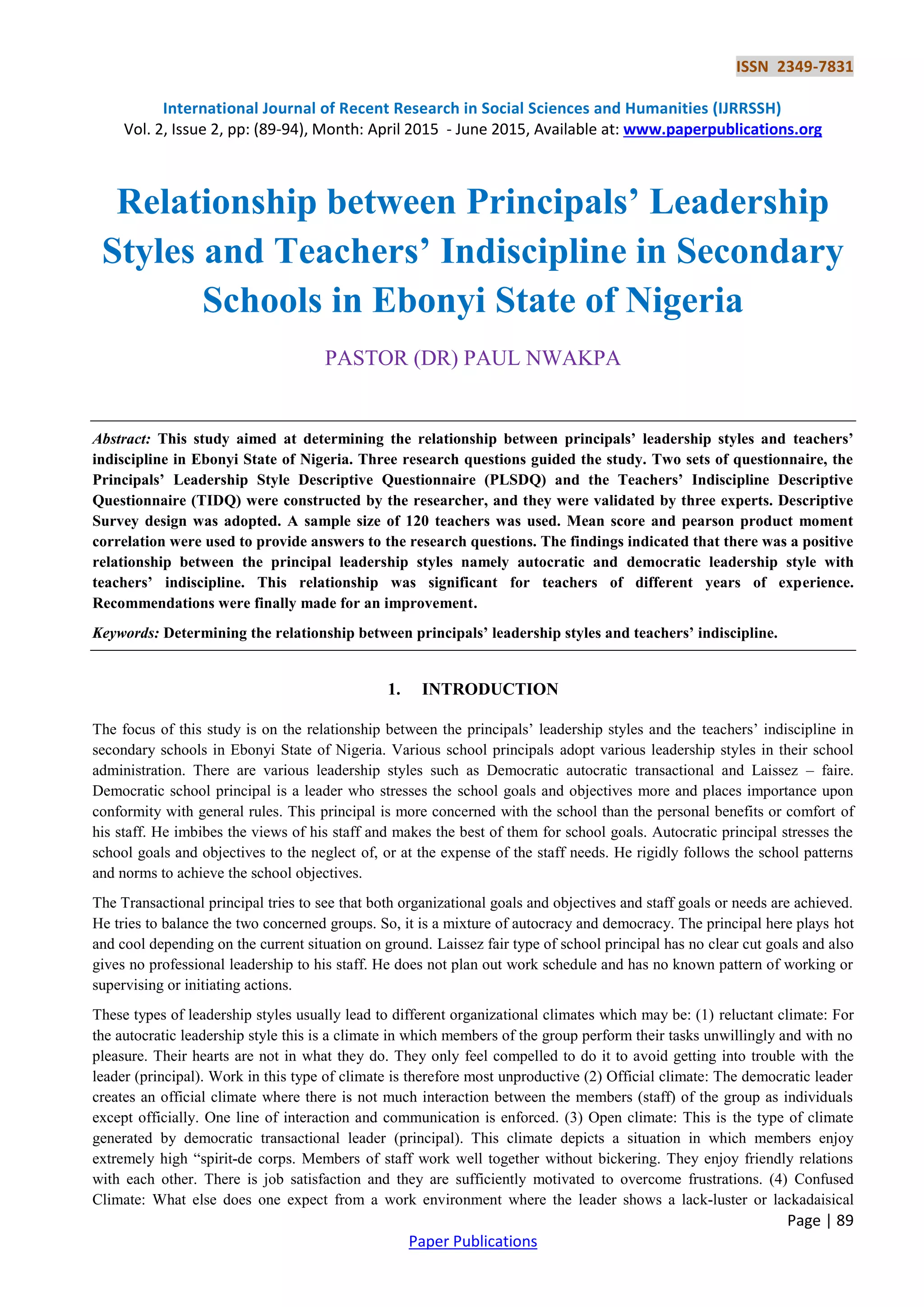 Relationship between Principals’ Leadership Styles and Teachers’ Indiscipline in Secondary ...