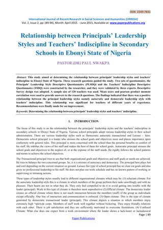 Relationship between Principals’ Leadership Styles and Teachers’ Indiscipline in Secondary ...