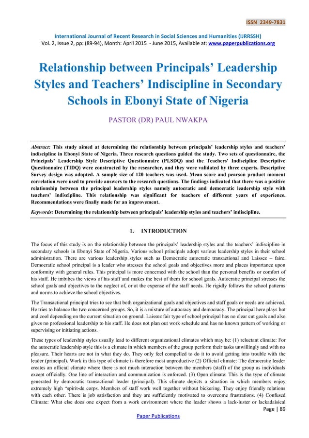 Relationship between Principals’ Leadership Styles and Teachers’ Indiscipline in Secondary ...